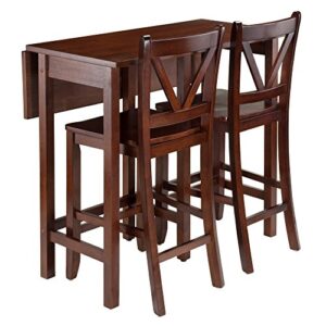 winsome lynnwood collection 3 piece drop leaf table with 2 counter v-back stools, brown