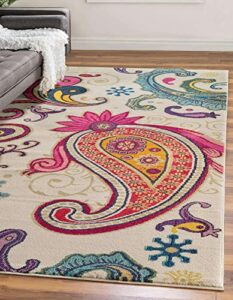 unique loom estrella collection colorful, paisley, floral, abstract, modern area rug, 5 x 8 ft, beige/pink