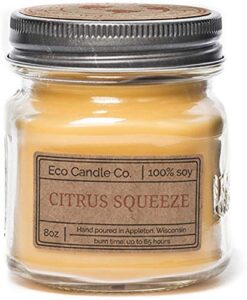 eco candle co. mason jar candle, citrus squeeze, 8 oz. - scents of orange, tangerine, grapefruit, lemon, & lime - 100% soy wax, no lead, kraft label & antiqued pewter lid, hand made, midwest soybeans