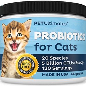 Pet Ultimates Probiotics for Cats – 20-Species Cat Probiotic Powder to Treat Diarrhea, Vomiting, Digestive Support & Cat Antibiotics Recovery – Skin and Coat Supplement for Cats Enhances Vitality– Cat Health Supplies (44 gr)