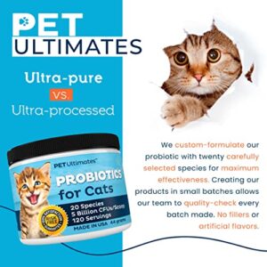 Pet Ultimates Probiotics for Cats – 20-Species Cat Probiotic Powder to Treat Diarrhea, Vomiting, Digestive Support & Cat Antibiotics Recovery – Skin and Coat Supplement for Cats Enhances Vitality– Cat Health Supplies (44 gr)