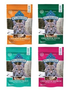 blue buffalo wilderness soft-moist grain-free cat treats variety pack - 4 flavors (chicken & duck, chicken & trout, chicken & salmon, and chicken & turkey) - 2 oz each (4 total pouches)