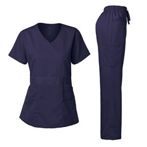 dagacci medical uniform women's scrubs set stretch ultra soft y-neck wrap top and pants navy l