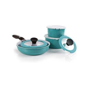 neoflam midas plus 9pc nonstick cast aluminum cookware set, pfoa free kitchenware with saucepan,frying pan,stove|oven pot, tempered glass lid and smart detachable handle,oven safe,space-saving,emerald