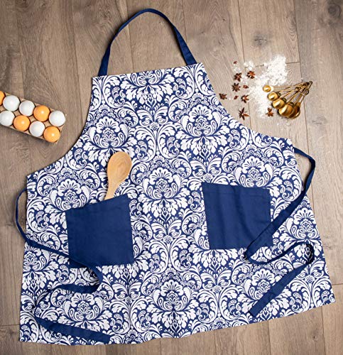 DII Chef Style Cotton Apron Adjustable Straps and Large Pocket, Nautical Blue