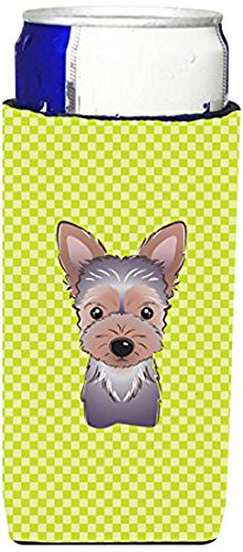 Caroline's Treasures BB1294MUK Checkerboard Lime Green Yorkie Puppy Ultra Hugger for slim cans Can Cooler Sleeve Hugger Machine Washable Drink Sleeve Hugger Collapsible Insulator Beverage Insulated Ho