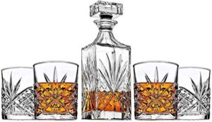 james scott liquor decanter 5-piece irish-cut crystal decanter & whiskey glasses set - for whiskey, wine and bourbon - includes 24 oz. decanter with stopper and 4 x 11 oz. glasses | beautiful gift box