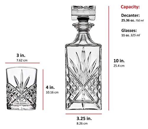 James Scott Liquor Decanter 5-Piece Irish-Cut Crystal Decanter & Whiskey Glasses Set - for Whiskey, Wine and Bourbon - Includes 24 oz. Decanter with Stopper and 4 x 11 oz. Glasses | Beautiful Gift Box