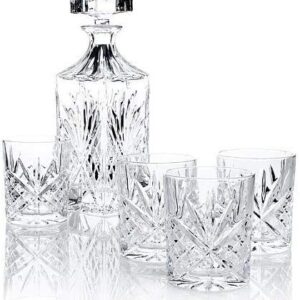 James Scott Liquor Decanter 5-Piece Irish-Cut Crystal Decanter & Whiskey Glasses Set - for Whiskey, Wine and Bourbon - Includes 24 oz. Decanter with Stopper and 4 x 11 oz. Glasses | Beautiful Gift Box