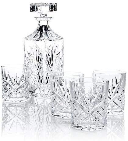 James Scott Liquor Decanter 5-Piece Irish-Cut Crystal Decanter & Whiskey Glasses Set - for Whiskey, Wine and Bourbon - Includes 24 oz. Decanter with Stopper and 4 x 11 oz. Glasses | Beautiful Gift Box