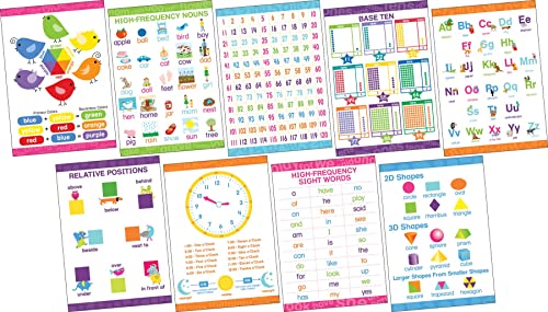 BARKER CREEK Poster Set of 9, Early Learning, 9 Posters Presenting Essential Concepts for Young Learners, Language Arts, Math, Art, Telling Time, Office, Home, & School Décor 13-3/8" x 19" (1886)