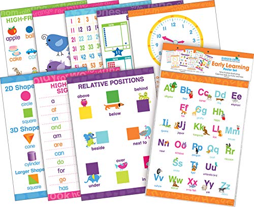 BARKER CREEK Poster Set of 9, Early Learning, 9 Posters Presenting Essential Concepts for Young Learners, Language Arts, Math, Art, Telling Time, Office, Home, & School Décor 13-3/8" x 19" (1886)