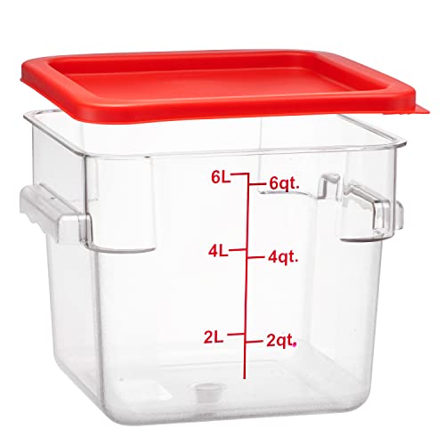 TigerChef 6 Quart Commercial Grade Clear Food Storage Square Polycarbonate Containers With Red Lids