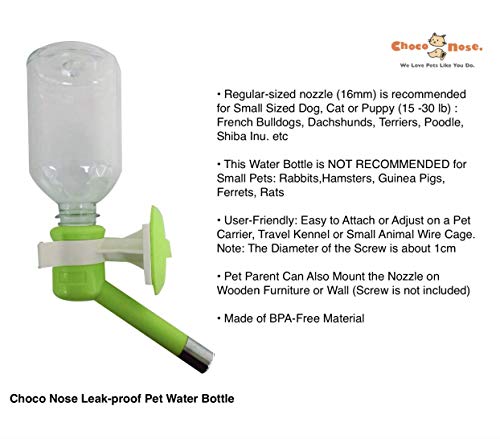 Choco Nose Patented No-Drip Dog Water Bottle/Feeder for Dogs/Cats and Other Small-Medium Sized Animals - for Cages, Crates or Wall Mount. 10.2 Oz. Mess Free Leak-Proof Nozzle 16mm. Apple Green (C590)