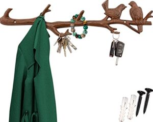 cast iron birds on branch hanger rack with 6 hooks | vintage decorative cast iron wall mounted hook rack | for coats, hats, keys, towels, clothes and more | 18.5x2x4.5” (rust brown)