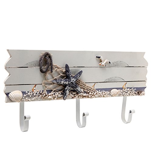 MyGift Wall Mounted Wood Nautical Theme Coat Rack with 3 Hooks and Decorative White Sand, Starfish, Seagull and Seashells Design