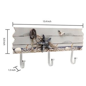 MyGift Wall Mounted Wood Nautical Theme Coat Rack with 3 Hooks and Decorative White Sand, Starfish, Seagull and Seashells Design