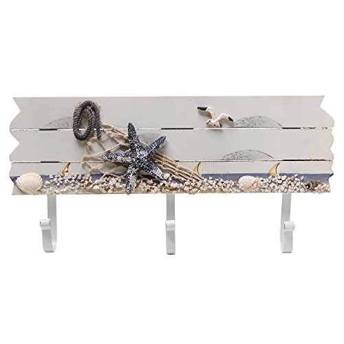 MyGift Wall Mounted Wood Nautical Theme Coat Rack with 3 Hooks and Decorative White Sand, Starfish, Seagull and Seashells Design