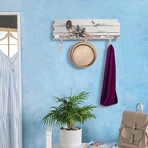 MyGift Wall Mounted Wood Nautical Theme Coat Rack with 3 Hooks and Decorative White Sand, Starfish, Seagull and Seashells Design