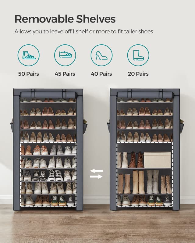 SONGMICS Shoe Rack, 9 Tier Shoe Organizer with Nonwoven Fabric Cover, Shoe Storage Shelf for 40-50 Pairs of Shoes, Entryway, Suitable for Sneakers, High Heels, Flats, and Boots, Grey URXJ36G