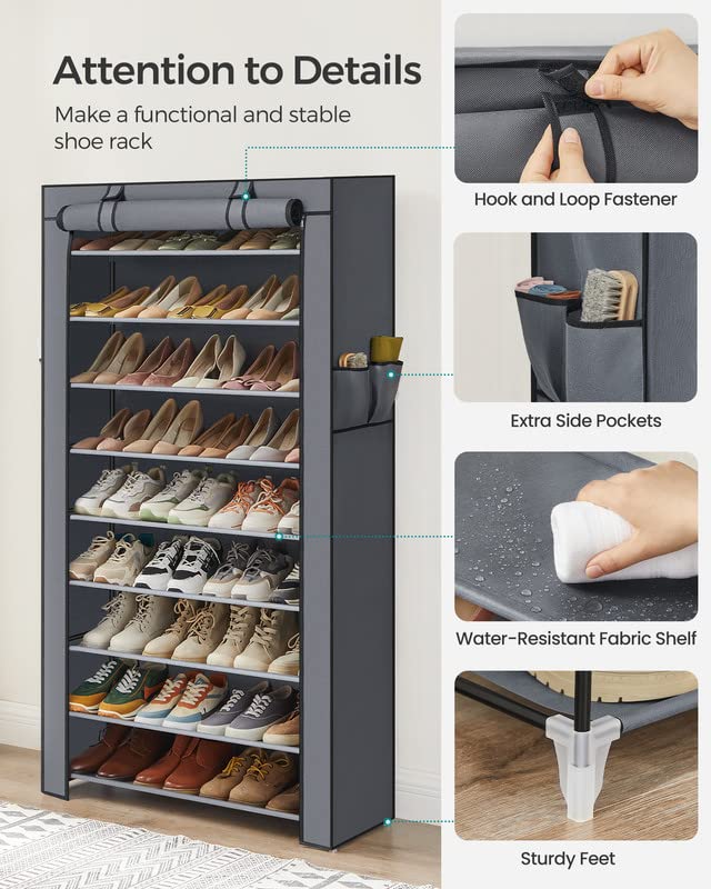 SONGMICS Shoe Rack, 9 Tier Shoe Organizer with Nonwoven Fabric Cover, Shoe Storage Shelf for 40-50 Pairs of Shoes, Entryway, Suitable for Sneakers, High Heels, Flats, and Boots, Grey URXJ36G