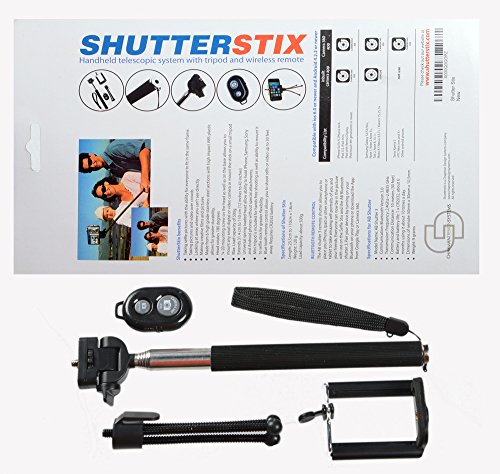 Extra-long Durable Selfie Stick Kit with Tripod by Shutterstix for iPhones, Samsung, Hero & Compact Cameras, with Bonus Tripod, Bluetooth Wireless Remote Control; Latest Version, Light-weight & Compact