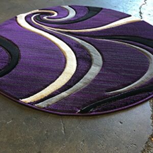 Contempo Modern Round Area Rug Swirl Purple Grey & Black Design 344 (7 feet 3 inches X7 feet 3 inches Round)