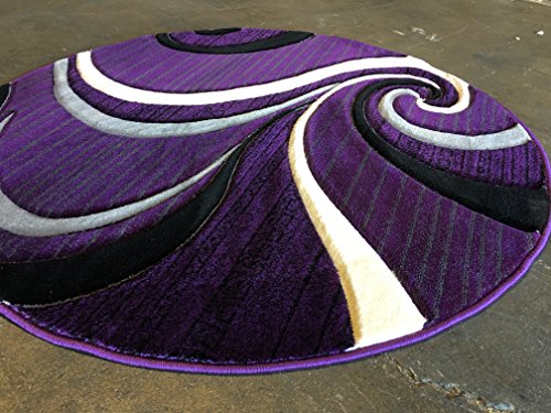 Contempo Modern Round Area Rug Swirl Purple Grey & Black Design 344 (7 feet 3 inches X7 feet 3 inches Round)