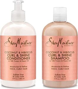 shea moisture shampoo and conditioner set, coconut & hibiscus curl & shine, curly hair products with coconut oil, vitamin e & neem oil provides frizz control, 13 fl oz each