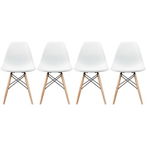 2xhome Modern Plastic Side Dining Chairs No Arms with Back Natural Wood Wooden Legs, Set of 4, White, Set of 4