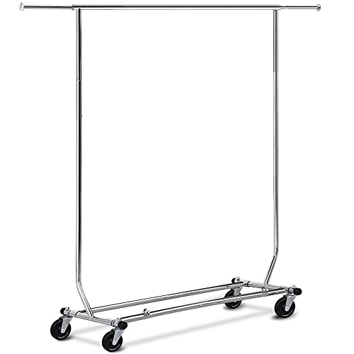 Yaheetech Commercial Clothing Garment Rack, Single Rail Clothes Hanger Freestanding Collapsible/Folding/Adjustable Heavy Duty Rolling Multi-Functional Expandable Clothes Storage w/Shelfs on Wheels