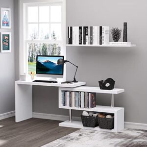 HOMCOM 360 Degree Rotating Corner Computer Desk, L Shaped Desk, Home Office Workstation with 3-Tier Storage Shelves, White