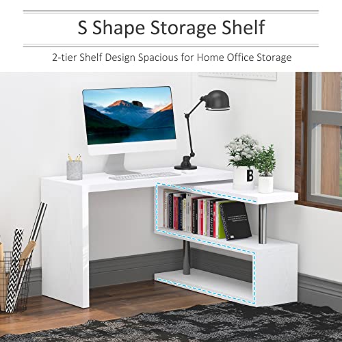 HOMCOM 360 Degree Rotating Corner Computer Desk, L Shaped Desk, Home Office Workstation with 3-Tier Storage Shelves, White