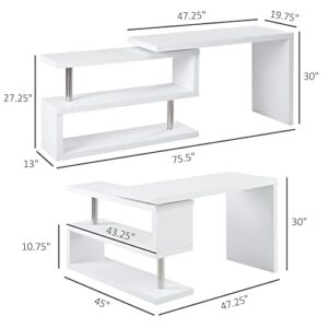 HOMCOM 360 Degree Rotating Corner Computer Desk, L Shaped Desk, Home Office Workstation with 3-Tier Storage Shelves, White