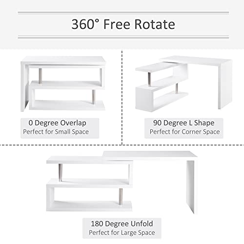 HOMCOM 360 Degree Rotating Corner Computer Desk, L Shaped Desk, Home Office Workstation with 3-Tier Storage Shelves, White