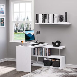 HOMCOM 360 Degree Rotating Corner Computer Desk, L Shaped Desk, Home Office Workstation with 3-Tier Storage Shelves, White