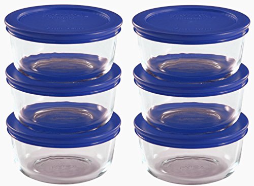 Pyrex Storage 2 Cup Round Dish, Clear with Blue Lid, 12-Piece