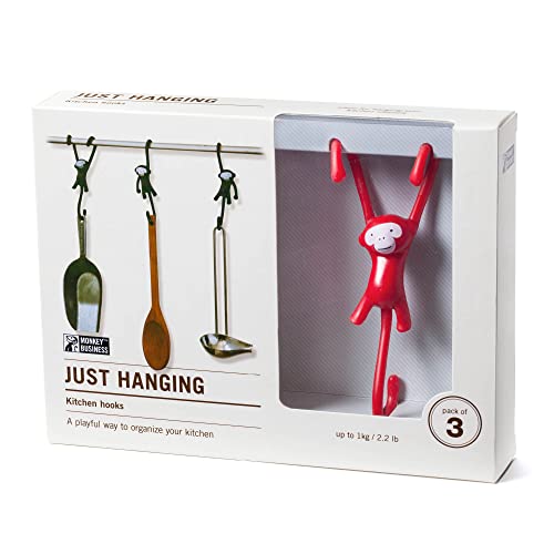 Monkey Business Just Hanging Kitchen Hooks for Hanging Kitchenware Tools, Pots, Lids, Plants & More - (Set of 3 Hooks) (Red)