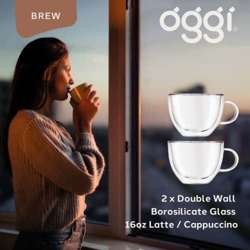 Oggi Set of 2 Double Wall Glass Coffee Cups - 16oz, Ultra Clear Borosilicate Glass Insulated Coffee Cup Set, Tea Cup Set, Cappuccino Cup Set, Latte Cup Set