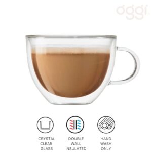 Oggi Set of 2 Double Wall Glass Coffee Cups - 16oz, Ultra Clear Borosilicate Glass Insulated Coffee Cup Set, Tea Cup Set, Cappuccino Cup Set, Latte Cup Set