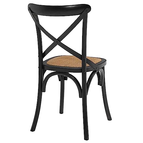 Modway Gear Rustic Modern Farmhouse Elm Wood Rattan Dining Chair in Black