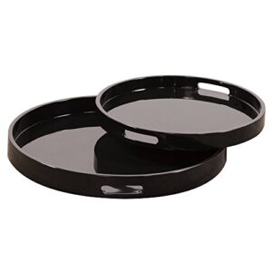 howard elliott lacquer round decorative wood serving tray set, two trays, glossy black