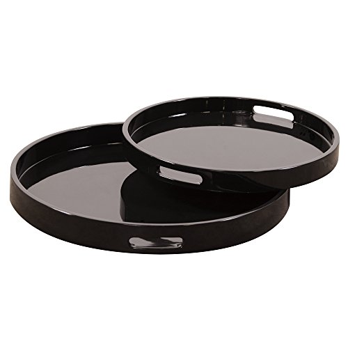 Howard Elliott Lacquer Round Decorative Wood Serving Tray Set, Two Trays, Glossy Black