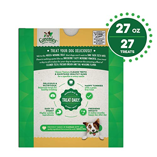 GREENIES Grain Free Regular Natural Dog Dental Care Chews Oral Health Dog Treats, 27 oz. Pack (27 Treats)