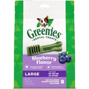 greenies large natural dog dental care chews oral health dog treats blueberry flavor, 12 oz. pack (8 treats)