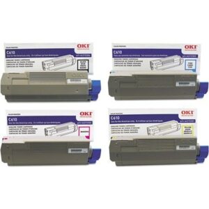 oki toner set for c610 series printers. full set of 4 genuine oki toner cartridges. 44315301 yellow, 44315302 magenta, 44315303 cyan, 44315304 black. type c15 - 6k yield on colors, 8k yield on black