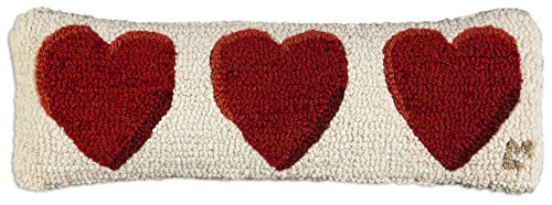 Chandler 4 Corners Artist-Designed Three Hearts Hand-Hooked Wool Decorative Throw Pillow (8” x 24”) Valentine's Day Pillow for Couches & Beds - Low Maintenance - Pillow for Anniversary & Weddings