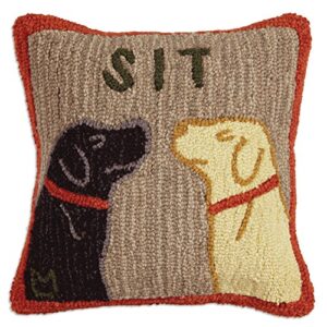 chandler 4 corners artist-designed two dogs sitting hand-hooked wool decorative throw pillow (18” x 18”) dog pillow for couches & beds - easy care & low maintenance- yellow, black lab throw pillow