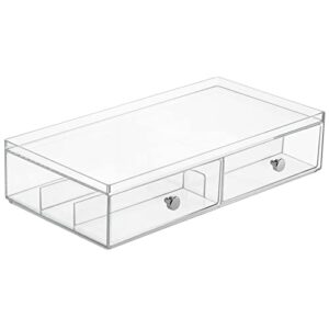 mDesign Wide Stackable Plastic Eye Glass Organizer Box Holder for Sunglasses, Reading Glasses, Lens Cleaning Cloths, Accessories - 2 Divided Drawers with 6 Sections, Chrome Pulls, Clear