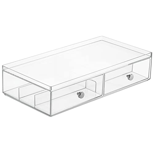 mDesign Wide Stackable Plastic Eye Glass Organizer Box Holder for Sunglasses, Reading Glasses, Lens Cleaning Cloths, Accessories - 2 Divided Drawers with 6 Sections, Chrome Pulls, Clear